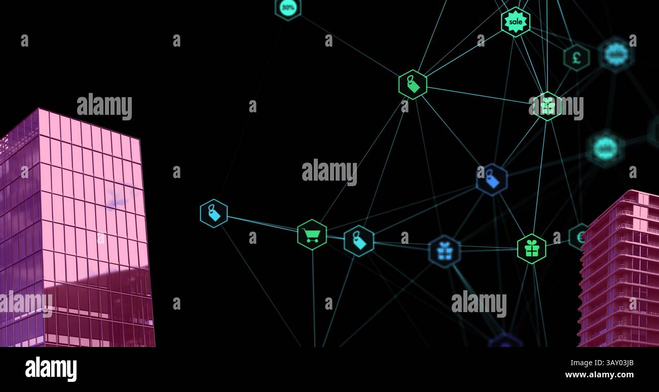 Image of digital network of connections with icons over pink 2d ...