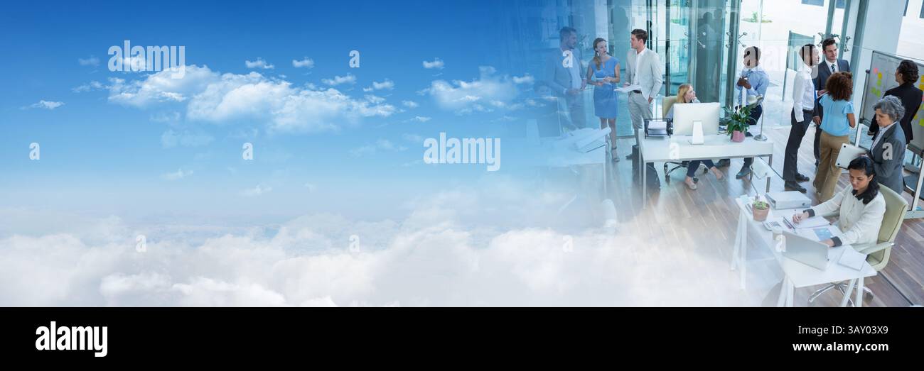 Business professionals are collaborating in flat office overlaying ...