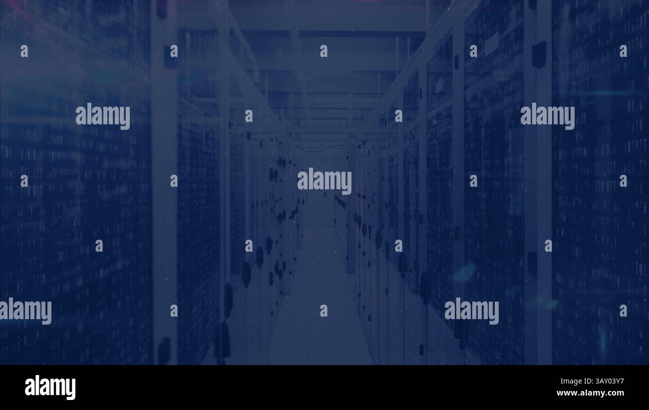 Long narrow data center aisle is extending in flat design, with blinking server LEDs for ...