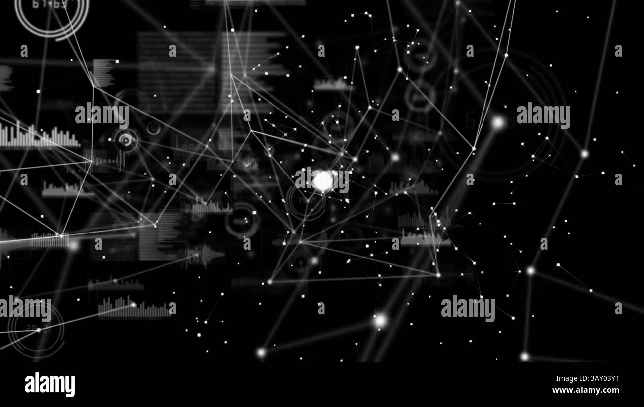 Glowing nodes and connecting lines are flowing in 3D interface with HUD ...