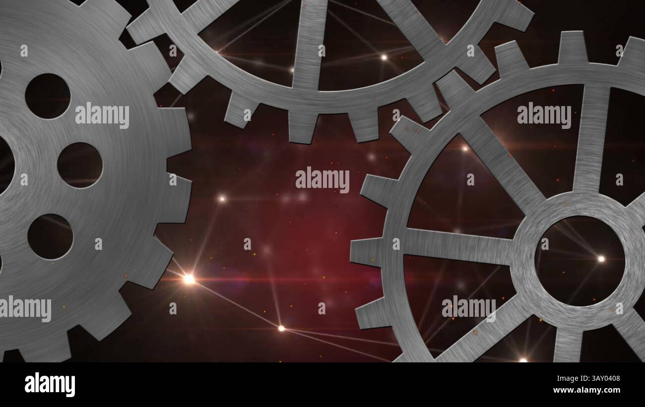 Three interlocking metallic gears rotating in flat design over cosmic ...