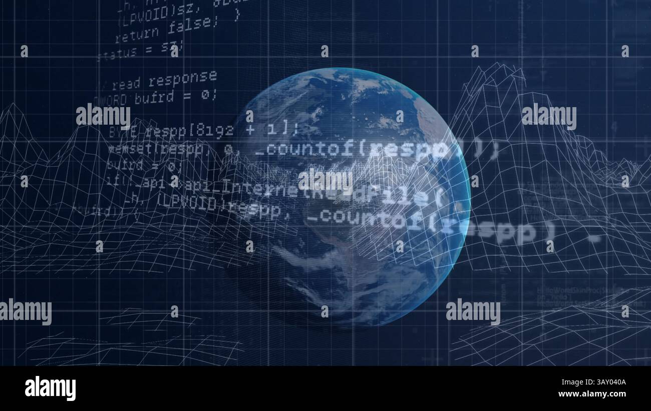 Earth globe spinning in digital 3D render, showing wireframe grid and code overlay for ...