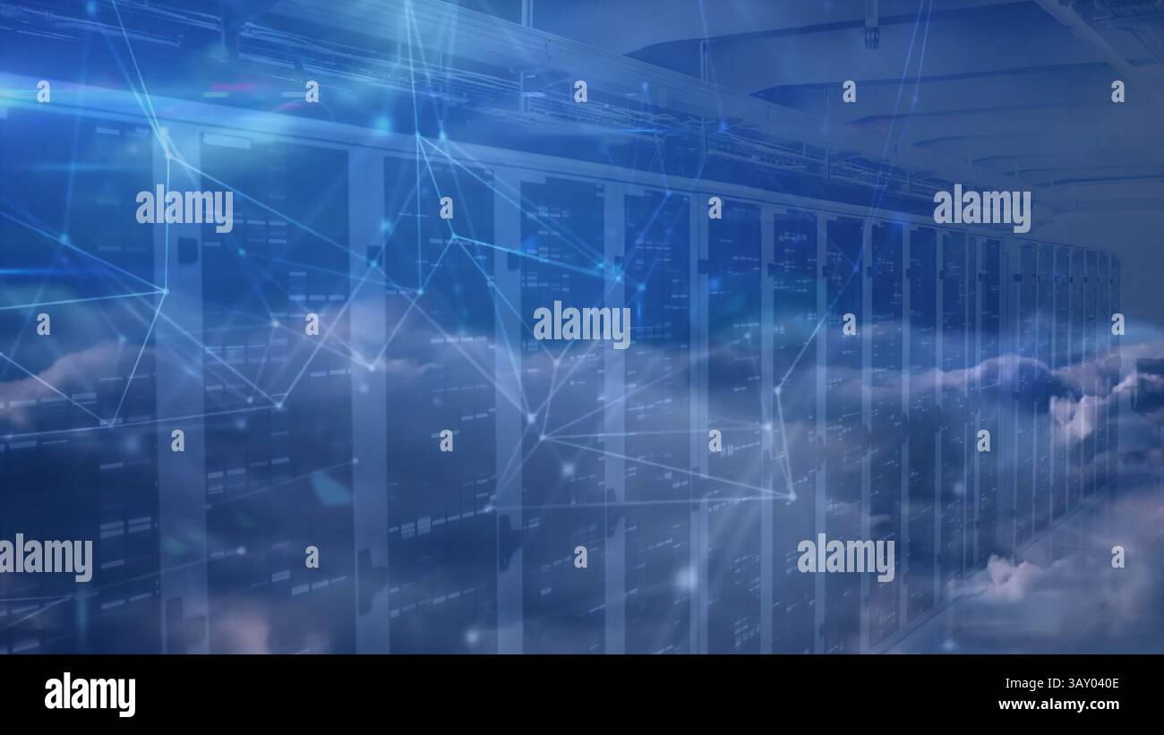 Showing flat design data center aisle with LED-lit server racks and cloud network overlay for ...