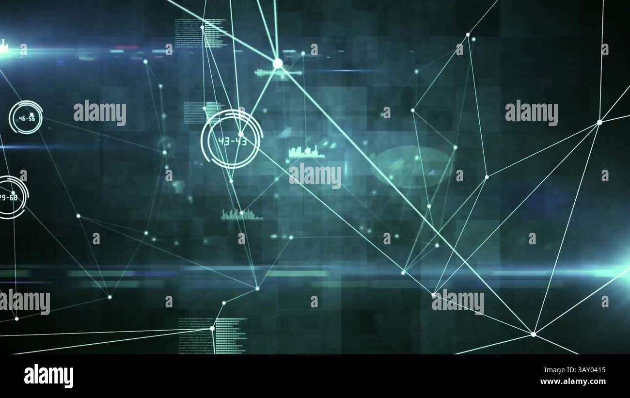 Central data indicator is glowing among network lines and chart glyphs ...