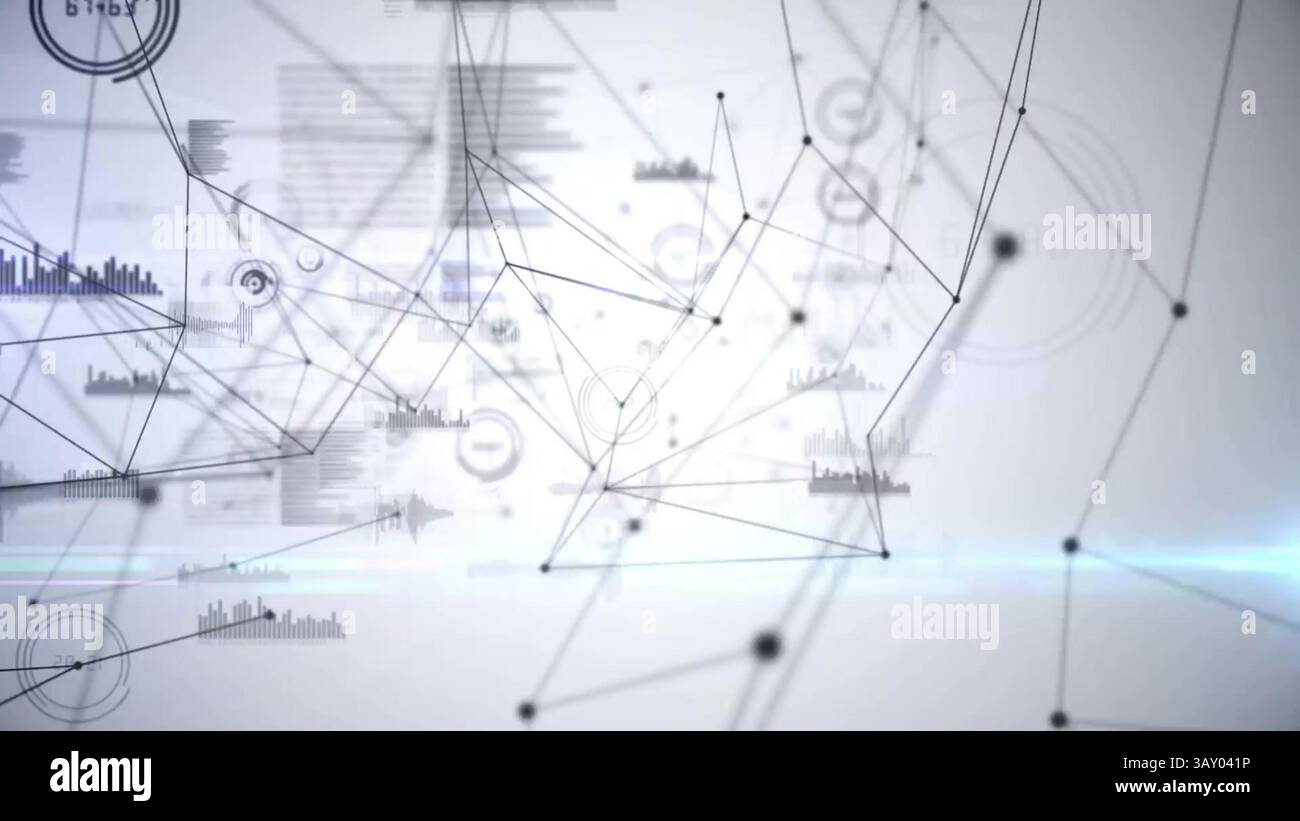 Abstract network of black nodes is forming tech interface with bar charts, waveform graphs Stock ...