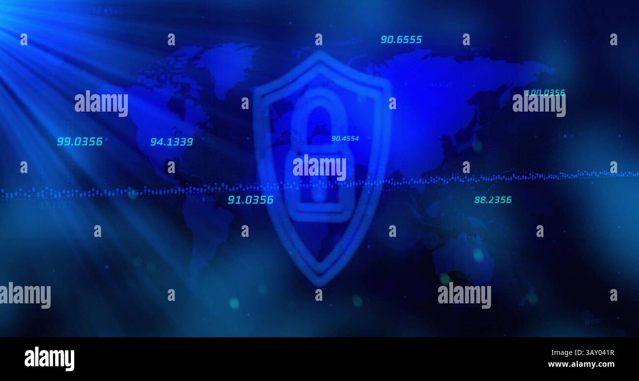 Flat blue shield is hovering over world map, showing padlock icon and waveform cybersecurity ...