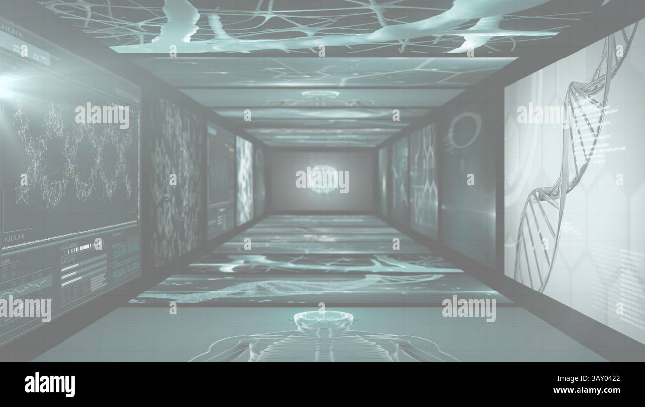 Futuristic corridor is showing flat-design tech lab with digital panels ...