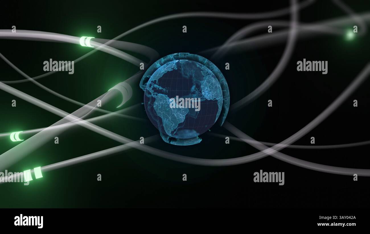 Displaying semi-transparent 3D globe rotating amidst glowing fiber ...