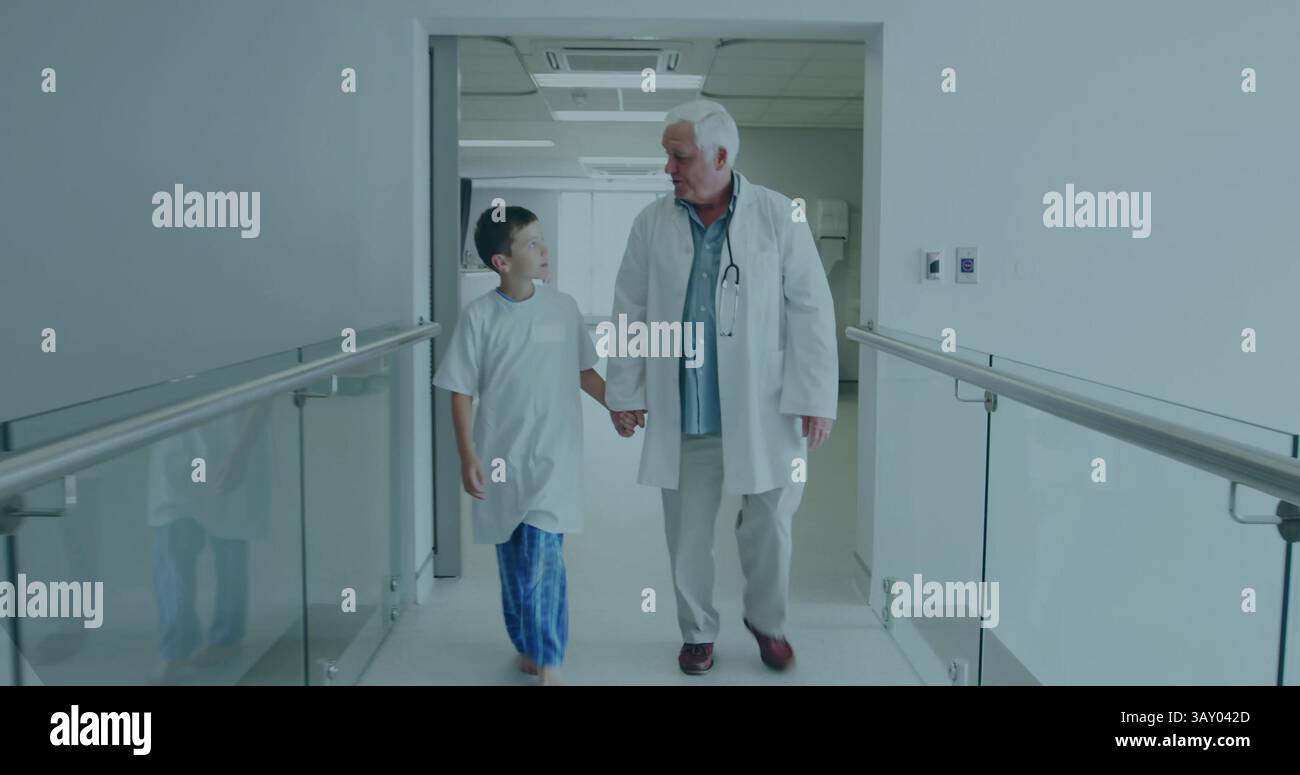 Doctor is wearing stethoscope and walking with patient in flat corridor ...
