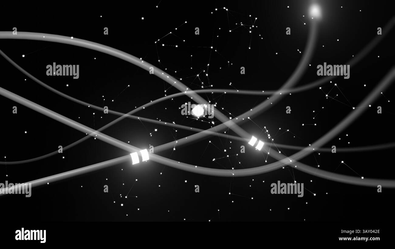 Glowing curved light trails and bright nodes are forming tech network ...