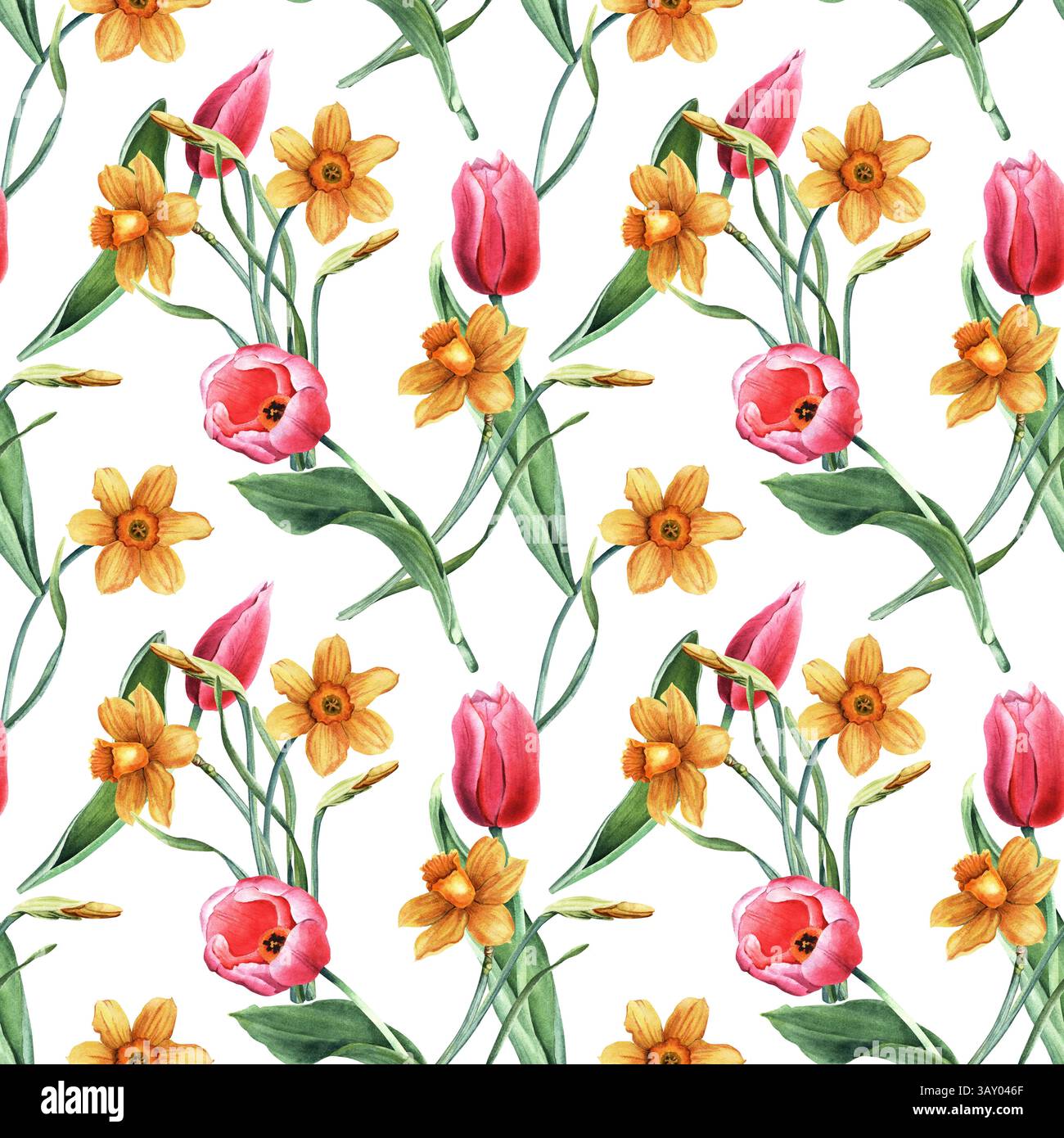 Seamless, repeat pattern with yellow daffodils, narcissi and pink tulips. Hand drawn botanical ...
