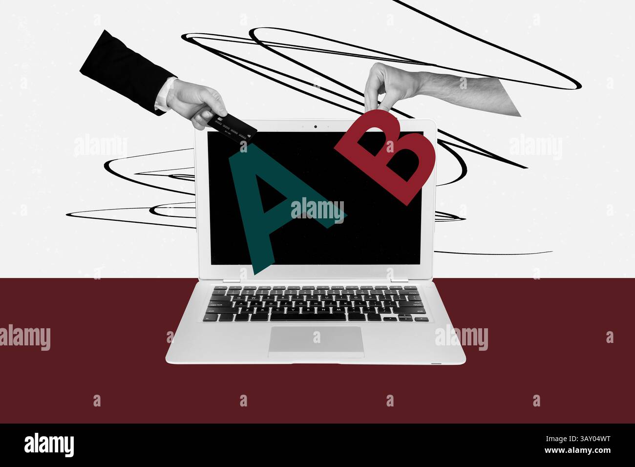 Creative full artwork collage of hands show laptop open screen device ...