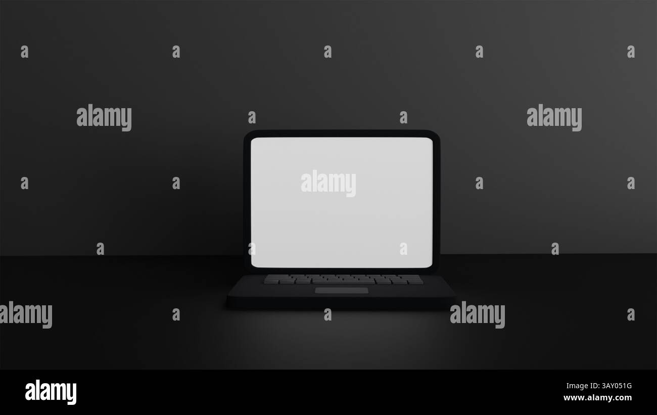 3D model of black laptop with blank white screen on black background ...