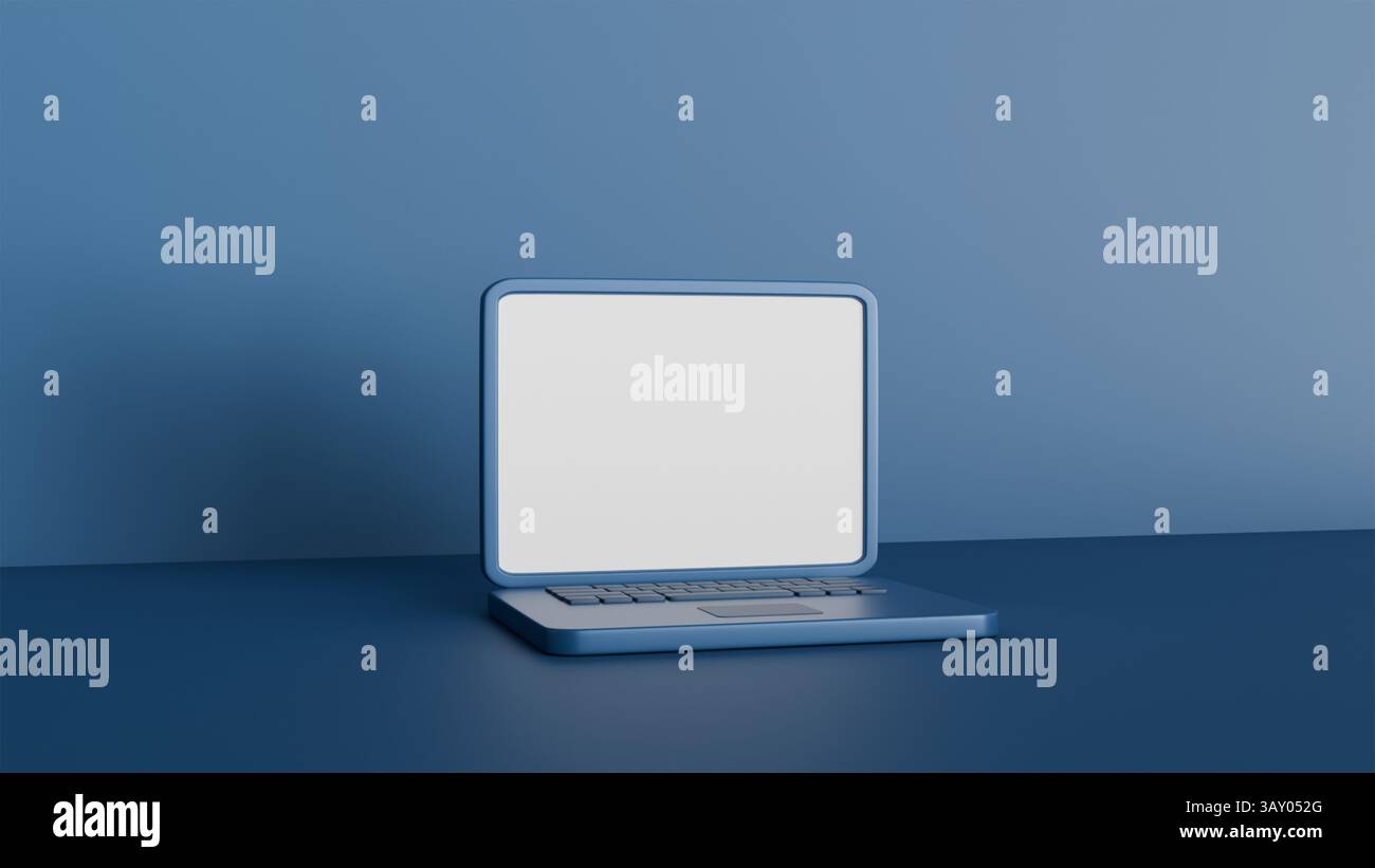 3D model of blue laptop with blank white screen on blue background ...