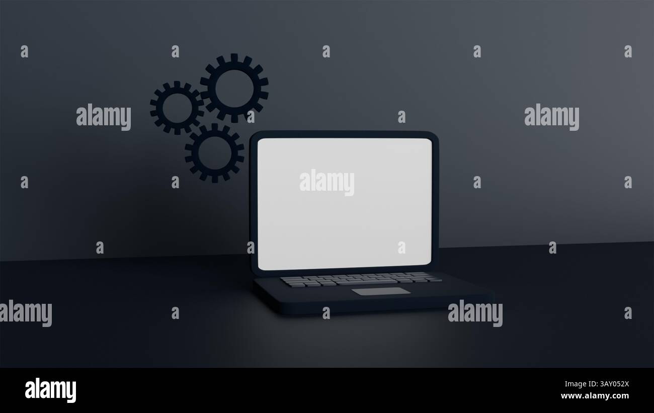 3D model of black laptop with blank white screen and three gears on ...