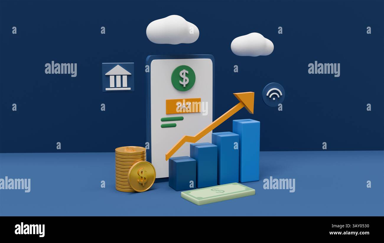 3D infographic with mobile payment, growth chart, coins and banking and ...