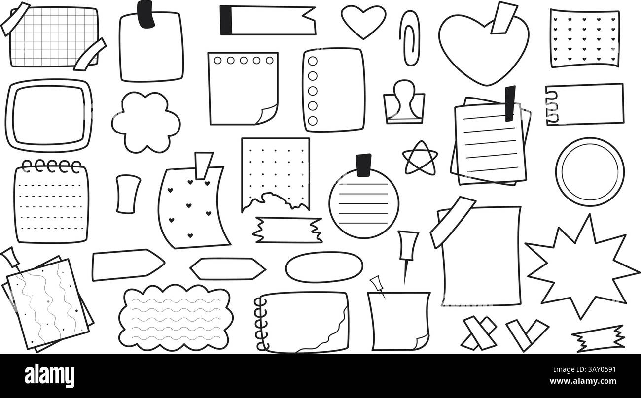 Paper Memos set in doodle sketch style. Notes and stickers outline ...