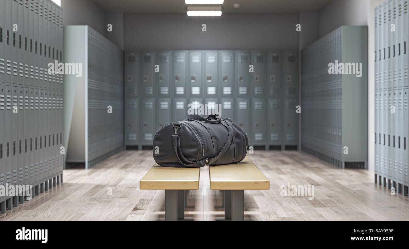 Sports bag sitting on bench in empty locker room 3d Stock Photo - Alamy