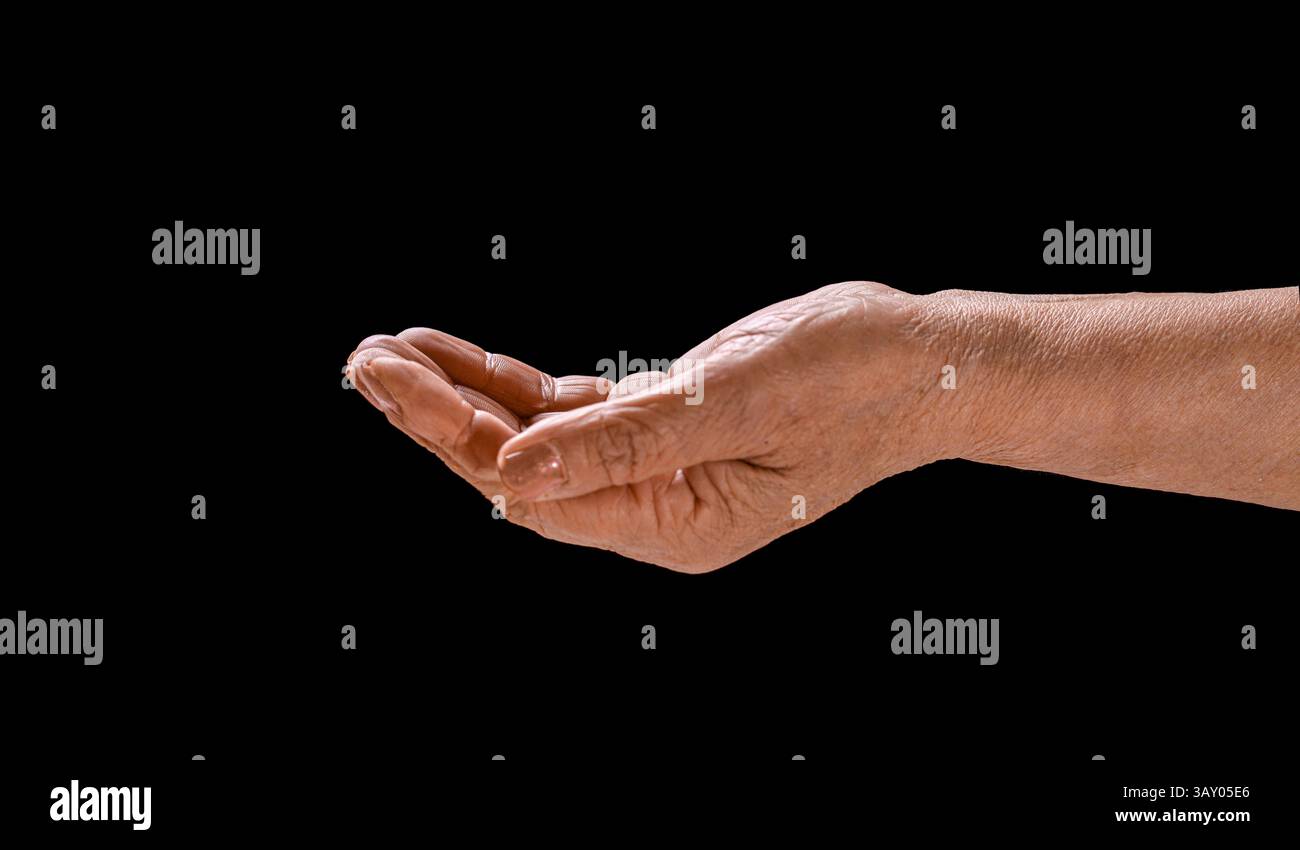 Old lady hand with open palm. Elderly lady is waiting for help. Elderly ...