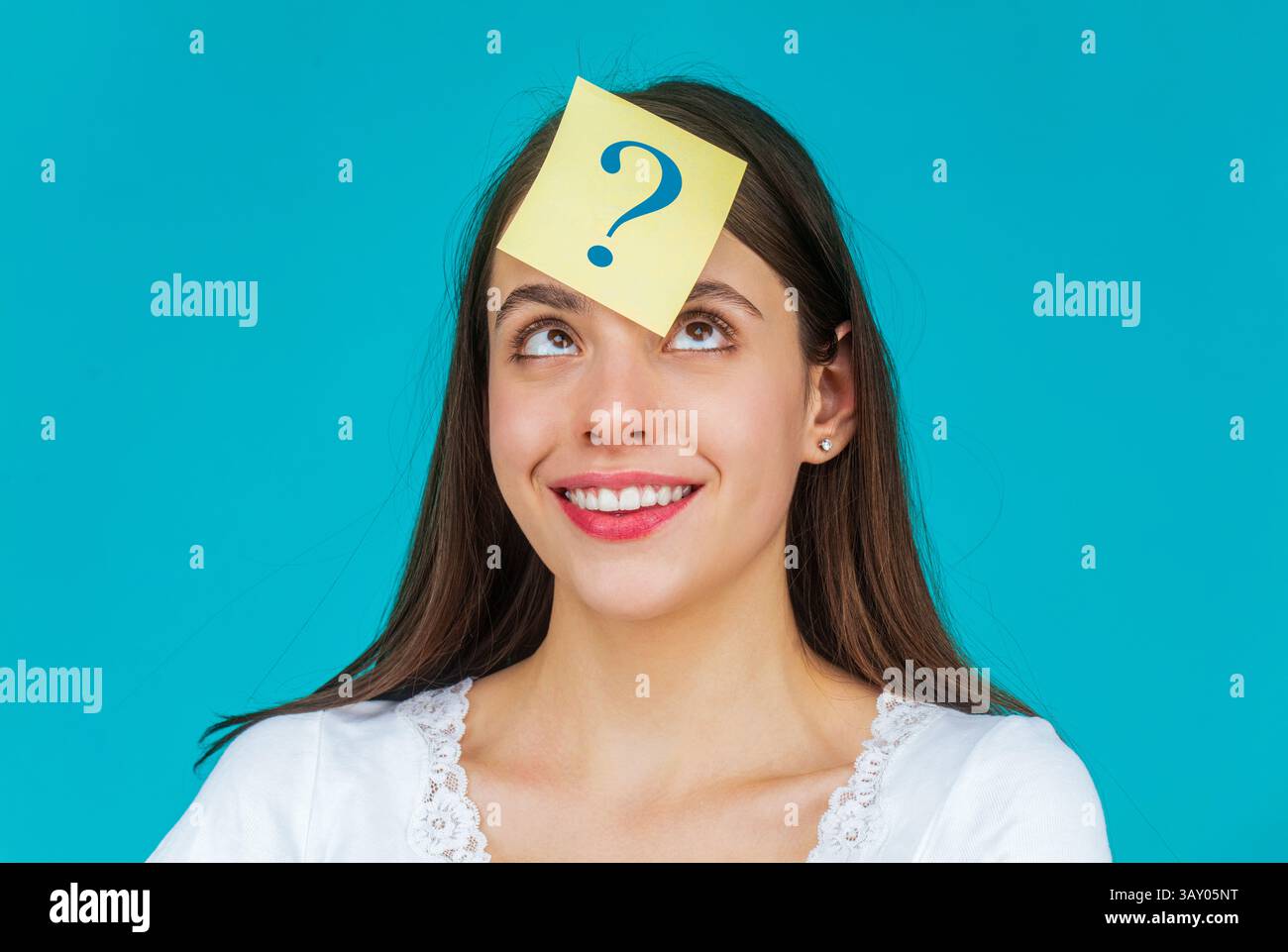 Woman with question mark on forehead. Paper notes with question marks ...