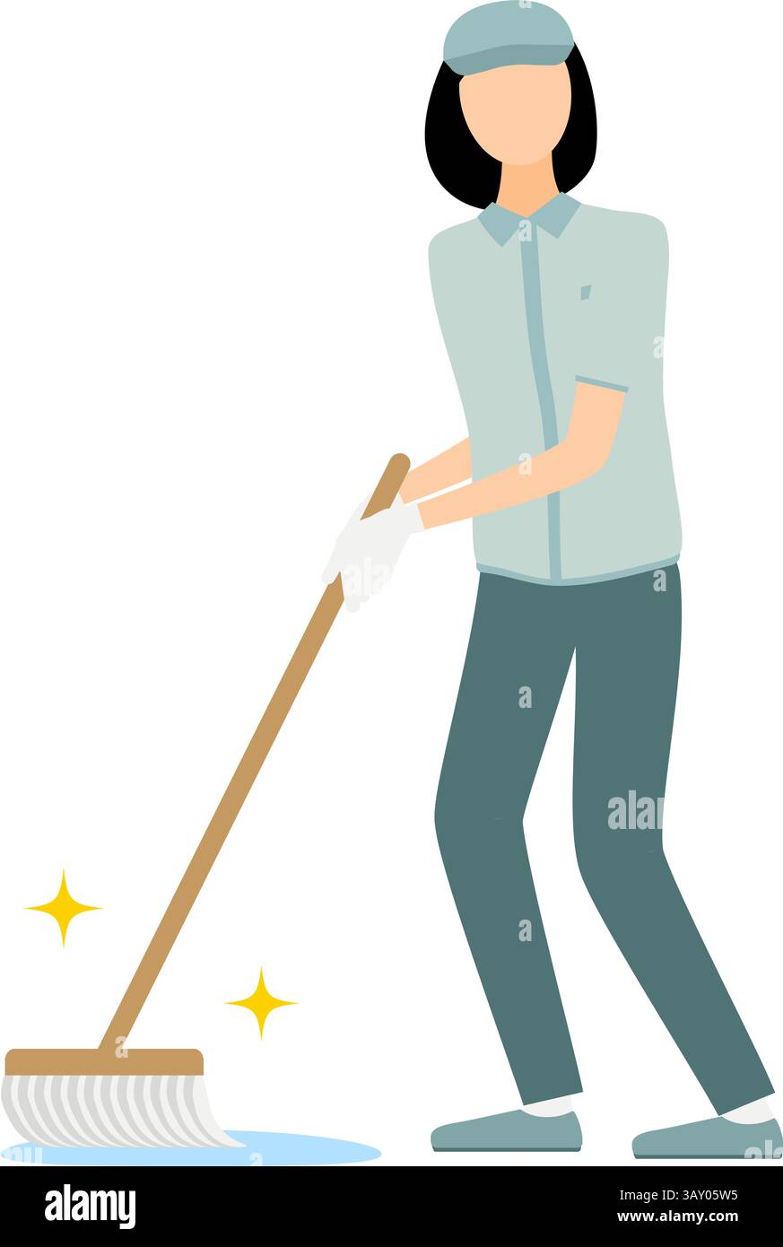 Simple illustration of a worker woman in a hat wiping down with a mop ...
