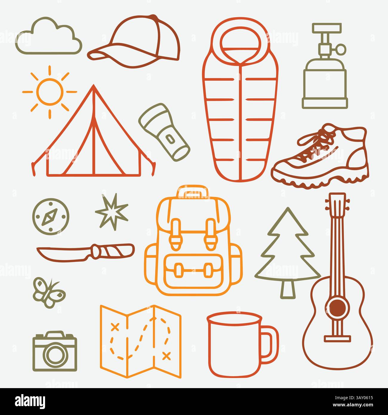 Set of camping line icons including tent backpack sleeping bag ...