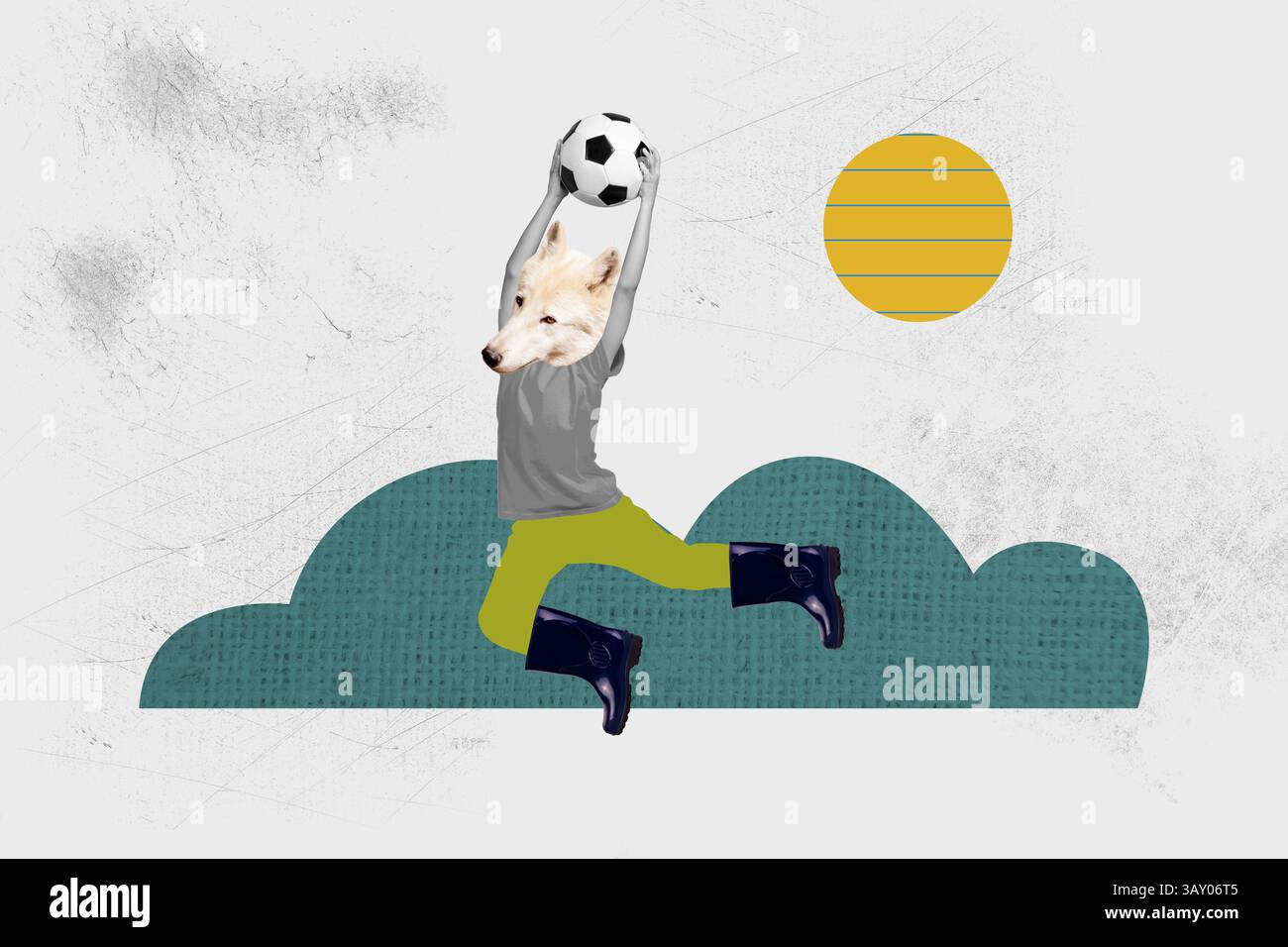 Creative artwork template sketch image 3D collage of caricature body woolf head jump outdoors ...