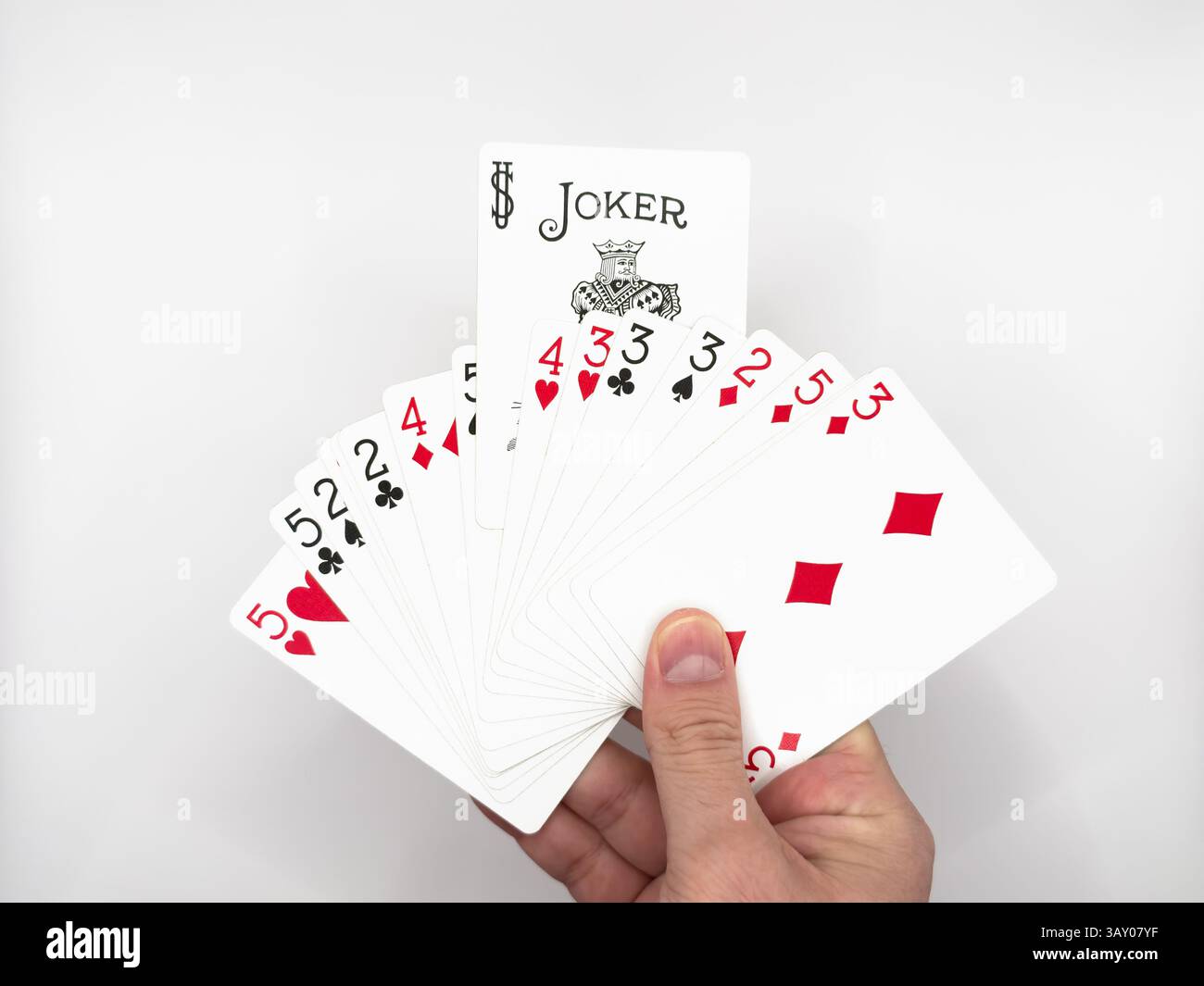 White male hand showing white plastic poker cards in a fan shape with a ...