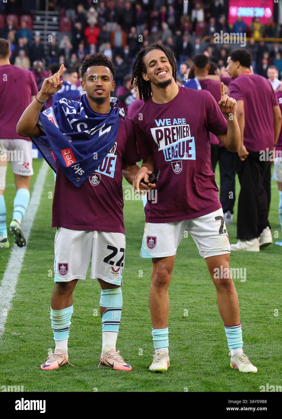 Burnley, UK. 21st Apr, 2025. Marcus Edwards of Burnley (l) and Hannibal ...