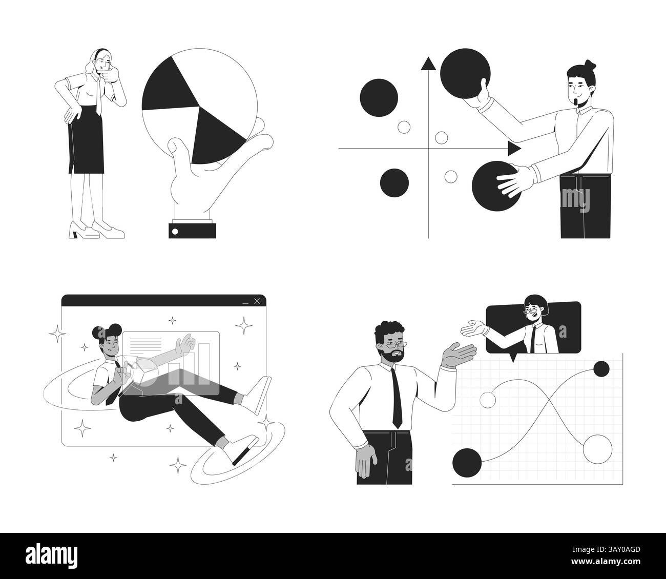 Diverse people with data visualization line illustration concepts set ...