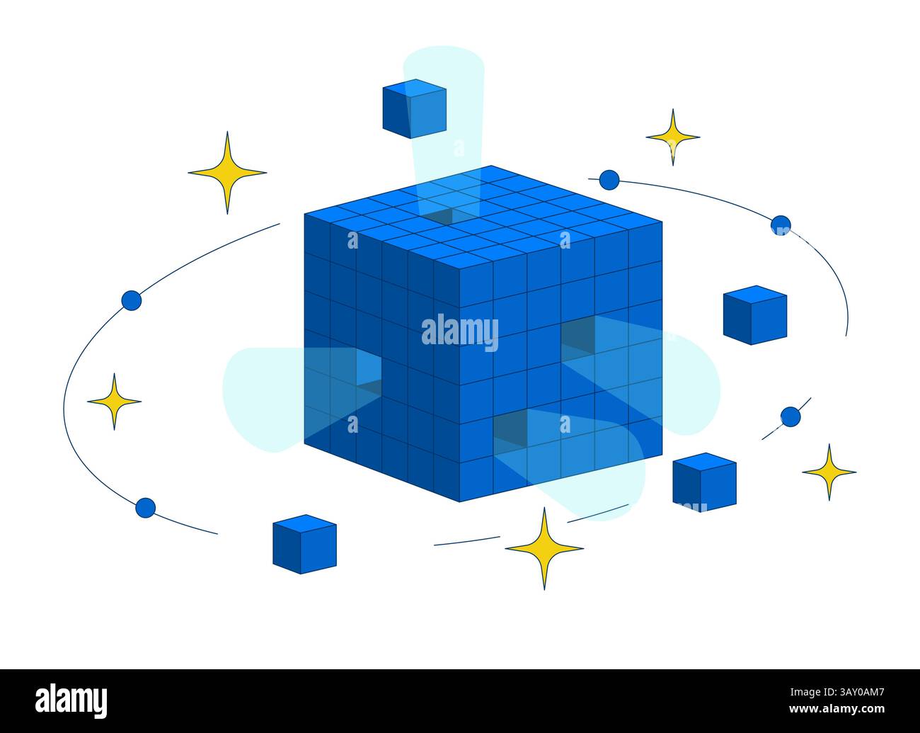 Digital Data Cube With Orbiting Blocks And Sparkles 2d Cartoon Object