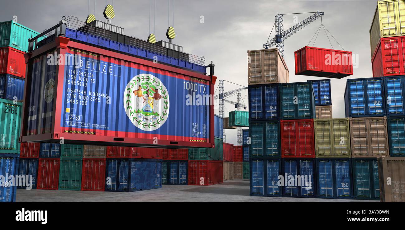 Cargo container with flag of Belize lifted by crane at freight terminal ...