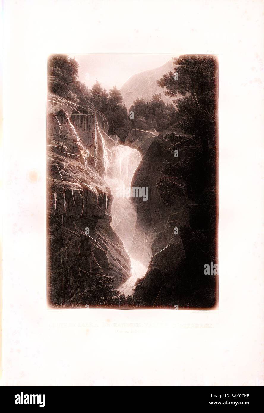 A serene waterfall cascades down rugged cliffs, surrounded by lush ...