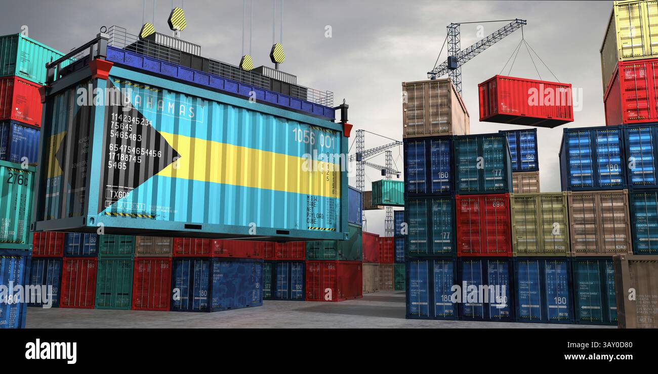 Cargo container with flag of Bahamas lifted by crane at freight ...