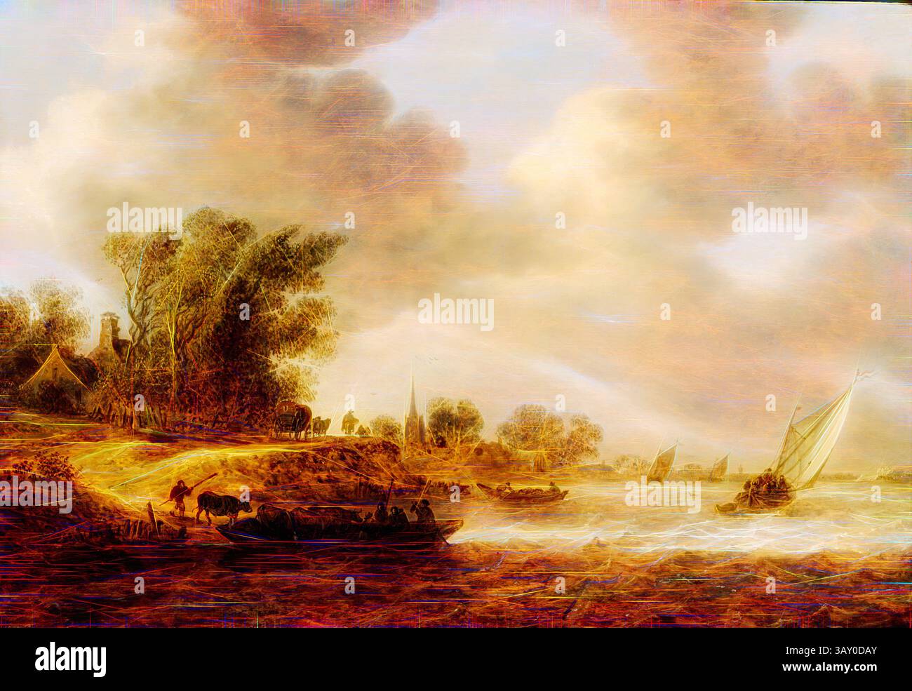 A serene riverscape features gentle waves and sailing vessels under a ...