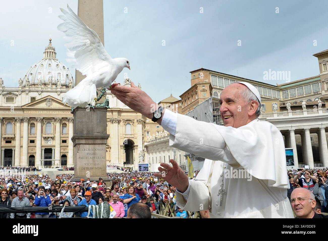 Pope Francis with a dove during the weekly general audience in Saint Peter's square, Vatican on ...