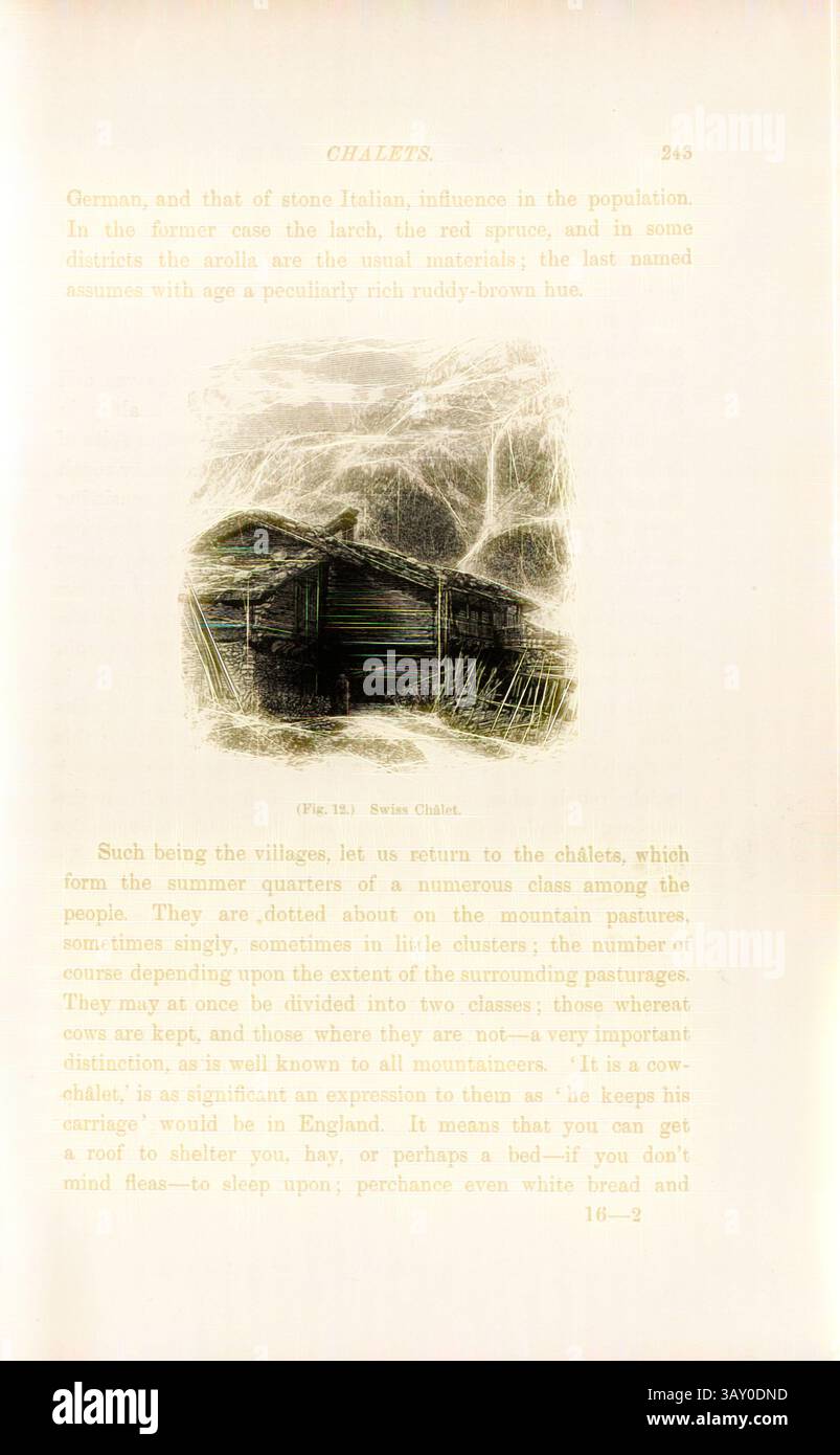 A rustic scene depicting traditional chalets nestled in a mountainous ...