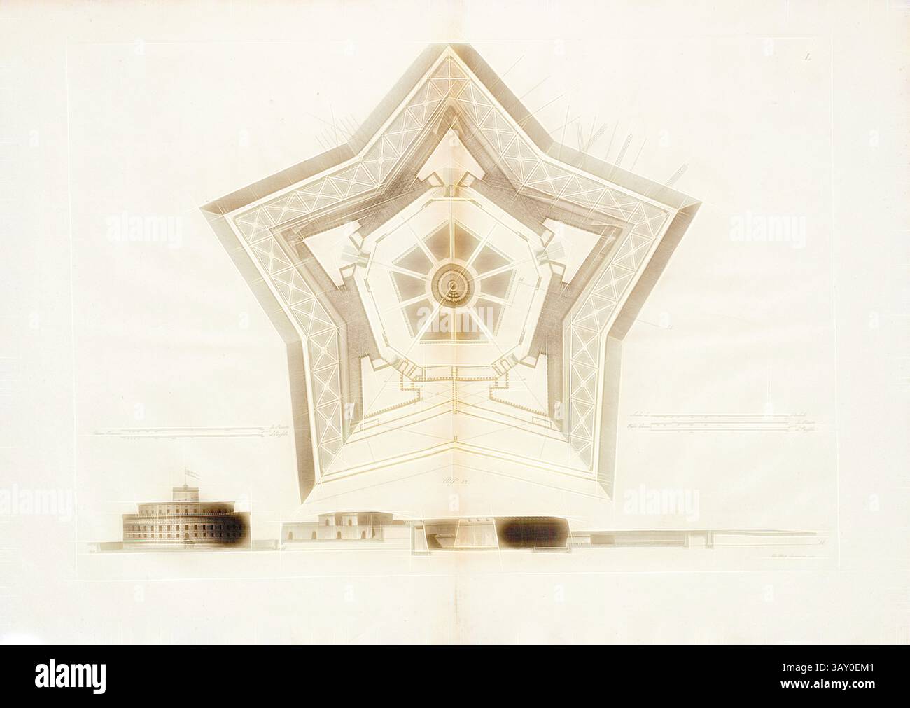 A stylized architectural plan featuring a star-shaped design, with ...