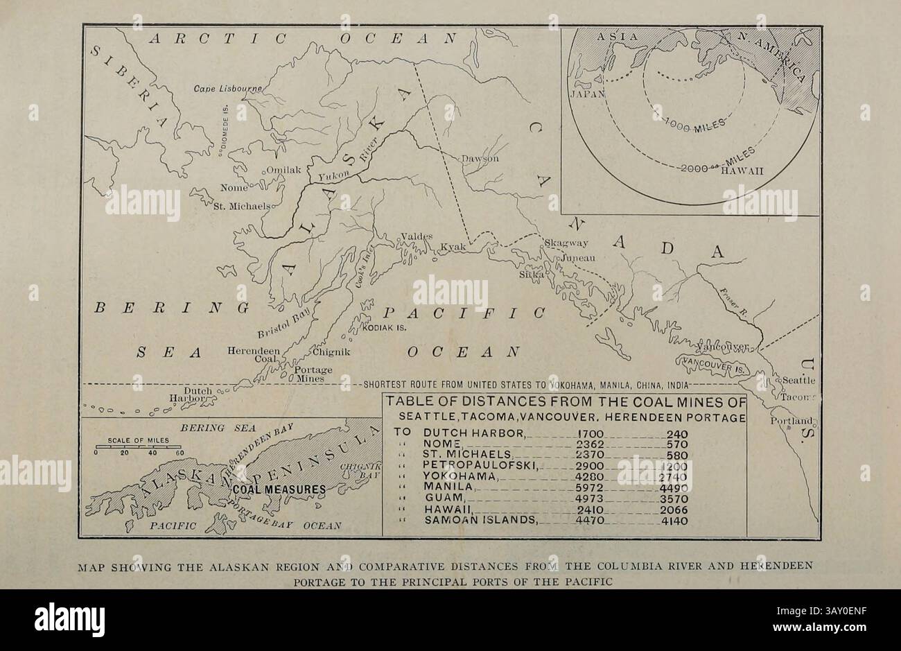 Map showing the Alaskan region and comparative distances from the ...