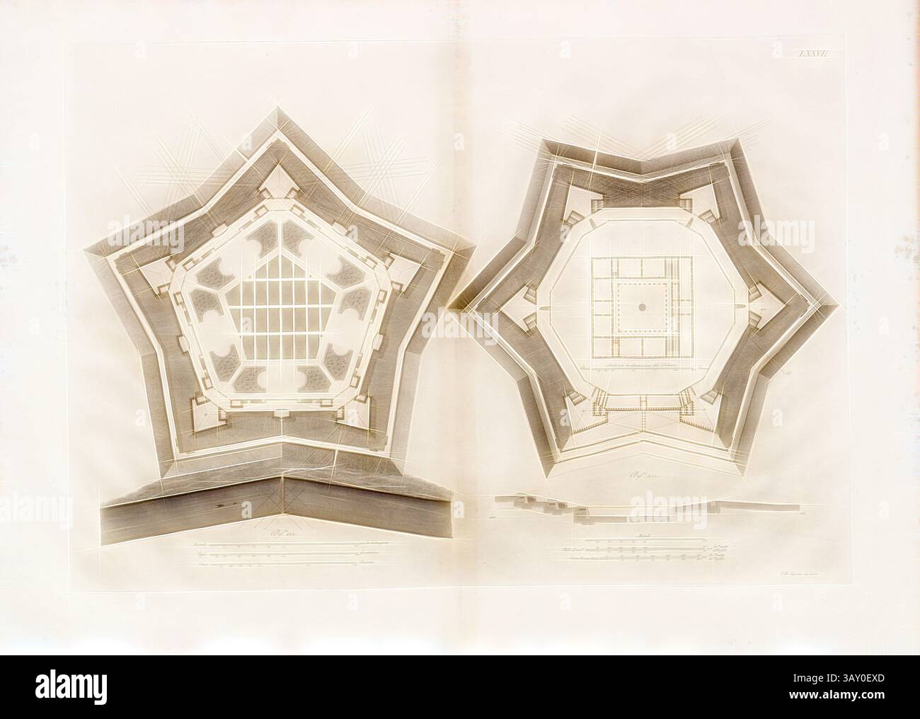 A detailed architectural plan showcasing a star-shaped structure with ...