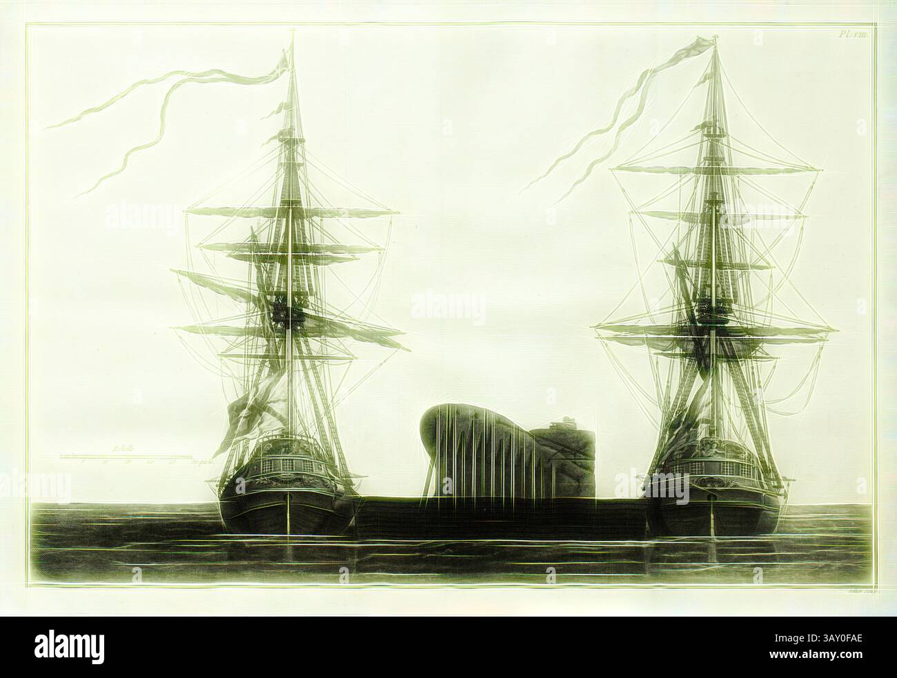 Two majestic sailing ships flank a stylized, modern structure that ...