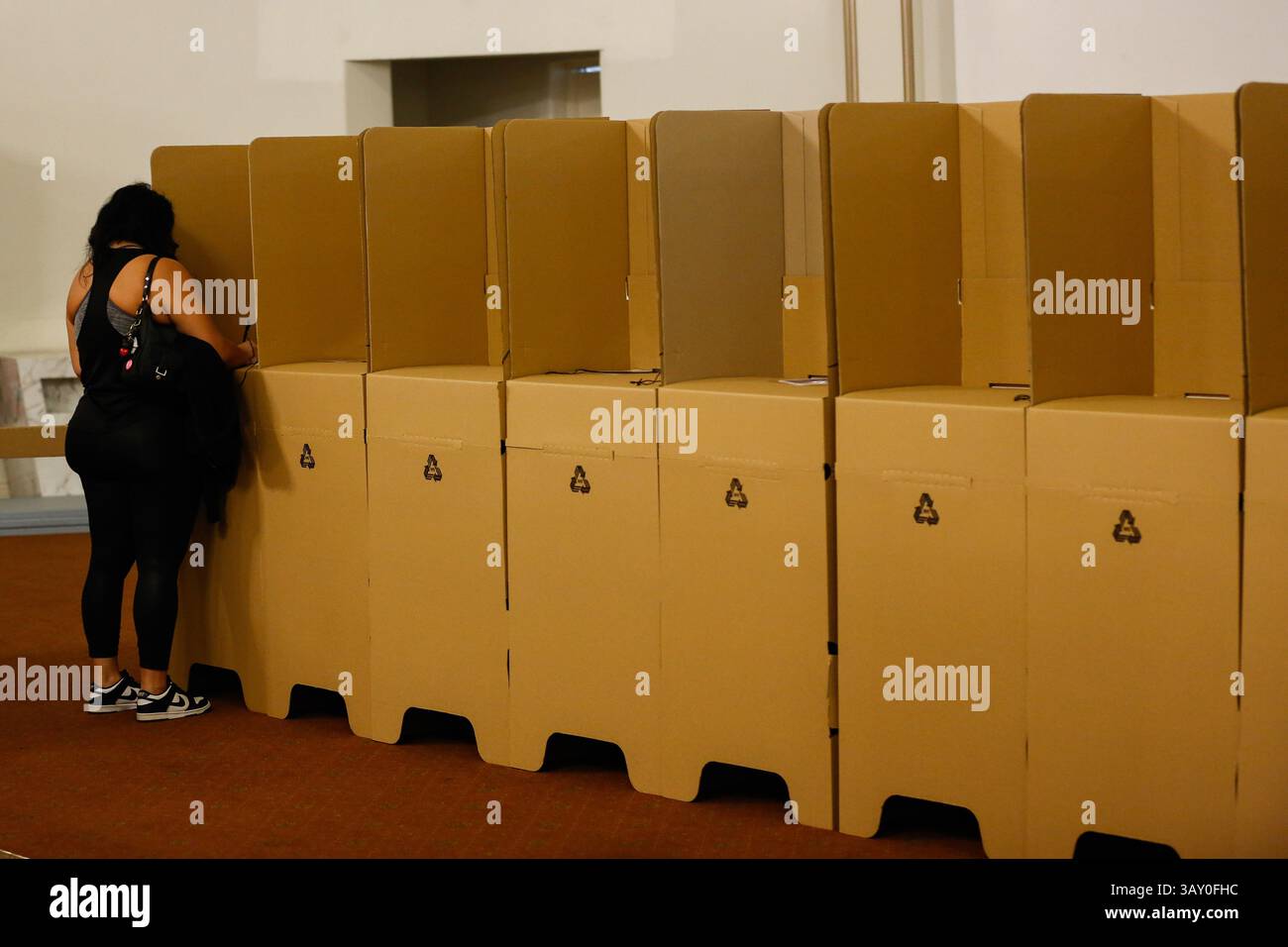 A woman marks her ballot paper in a private booth. This early voting ...