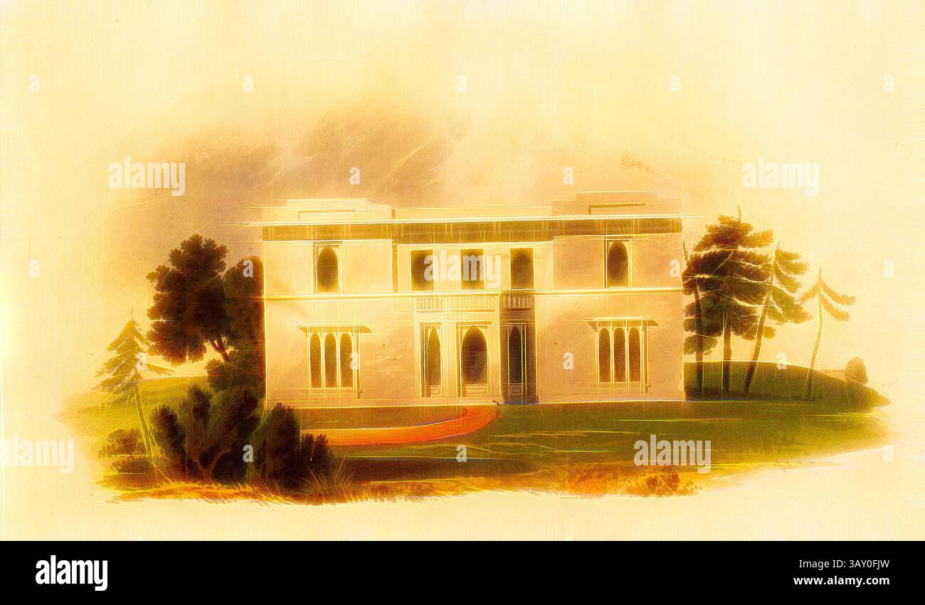 A stately architectural structure stands amidst a serene landscape ...