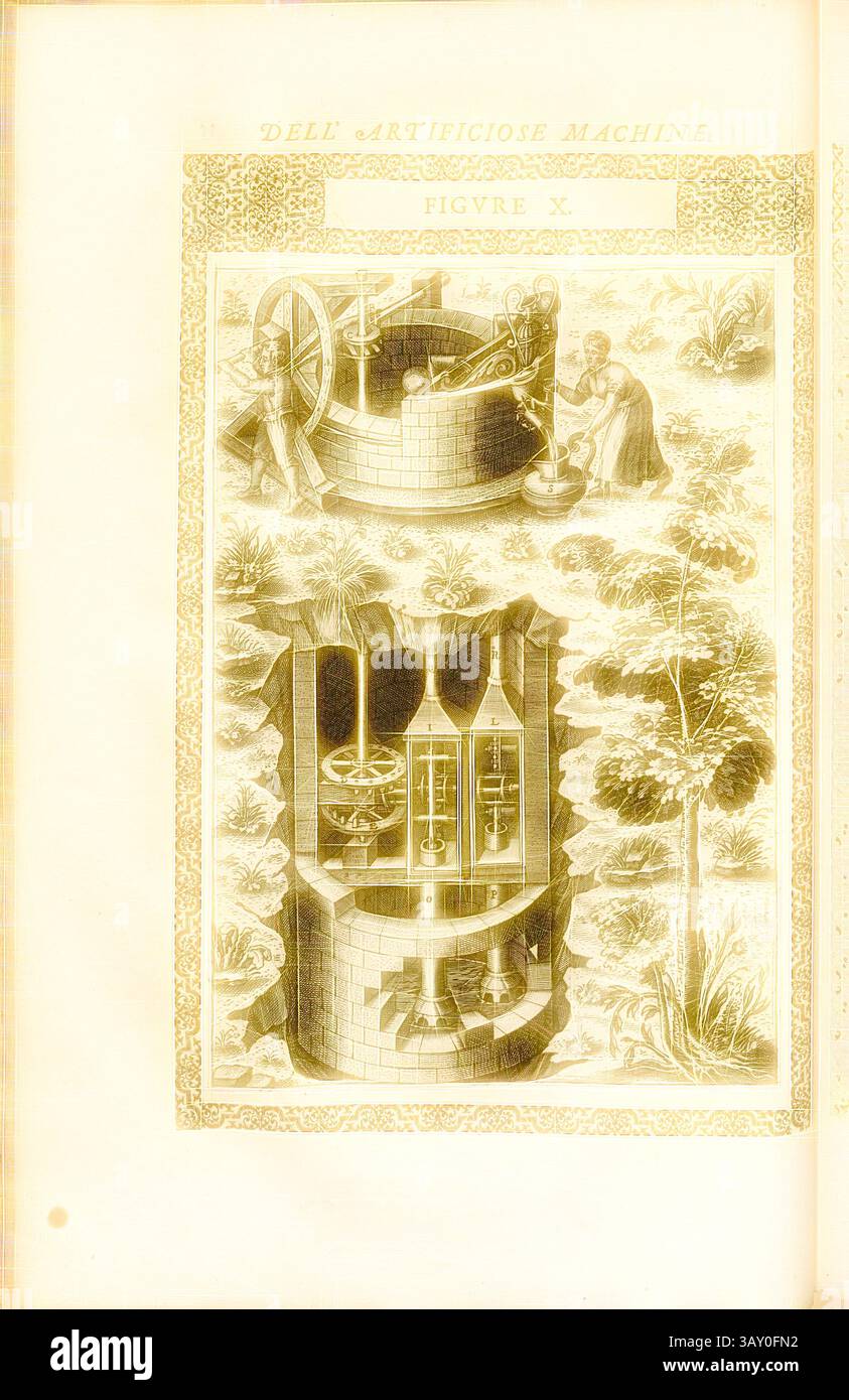 An illustration depicting two intricate machines, one featuring a wheel ...