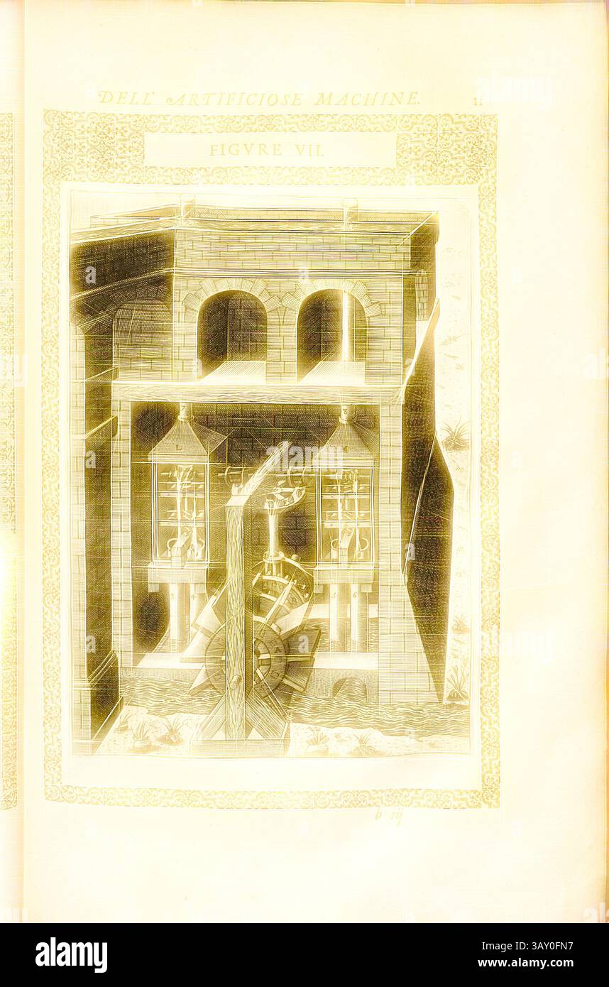 An intricate illustration of a waterwheel mechanism, featuring a ...