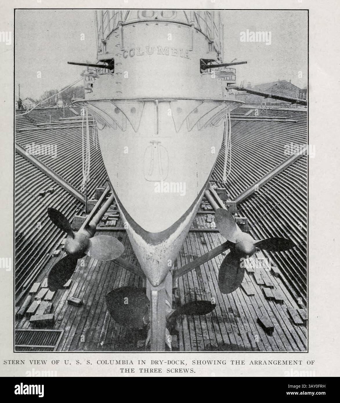 STERN VIEW OF U. S. S. COLUMBIA IN DRY-DOCK. SHOWING THE ARRANGEMENT OF ...