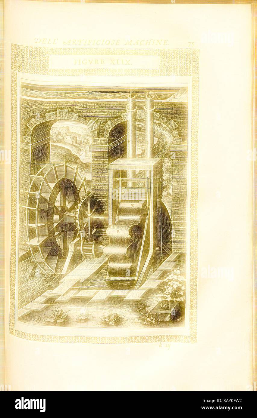 An intricate illustration of a mechanical waterwheel system, featuring ...