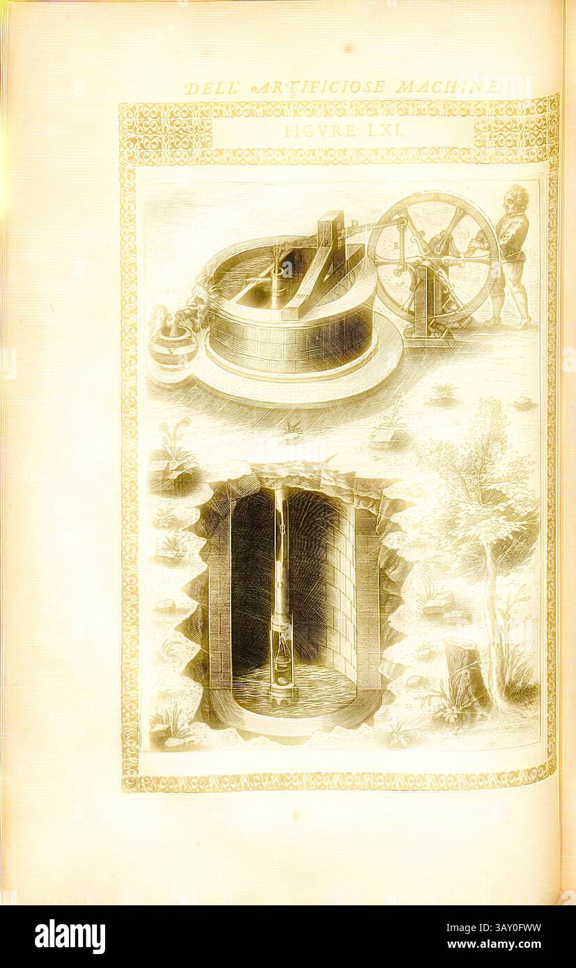 An intricate illustration depicting a mechanical water wheel and a ...