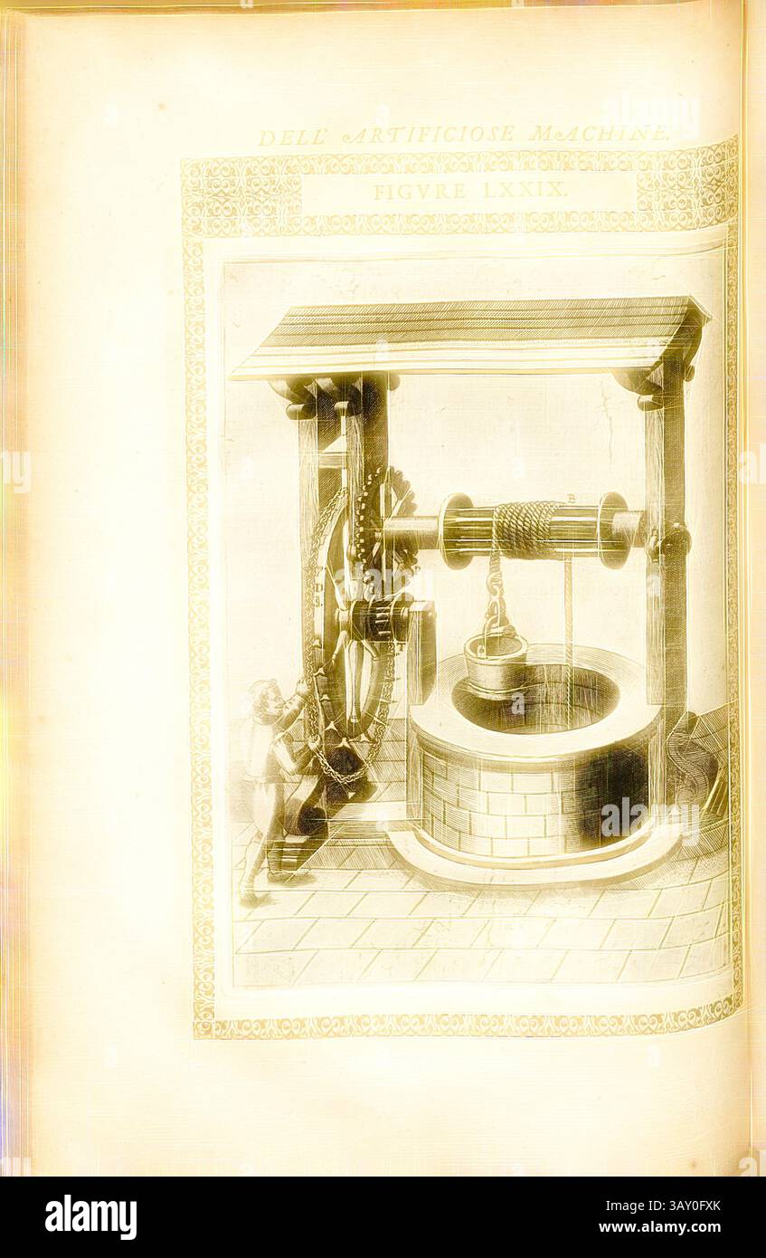 An intricate illustration of a vintage well apparatus, featuring a ...
