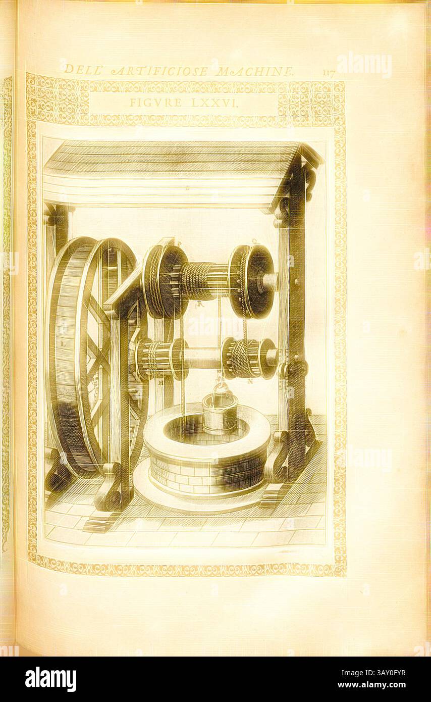 An intricate illustration of an ornate machine, featuring a large wheel ...